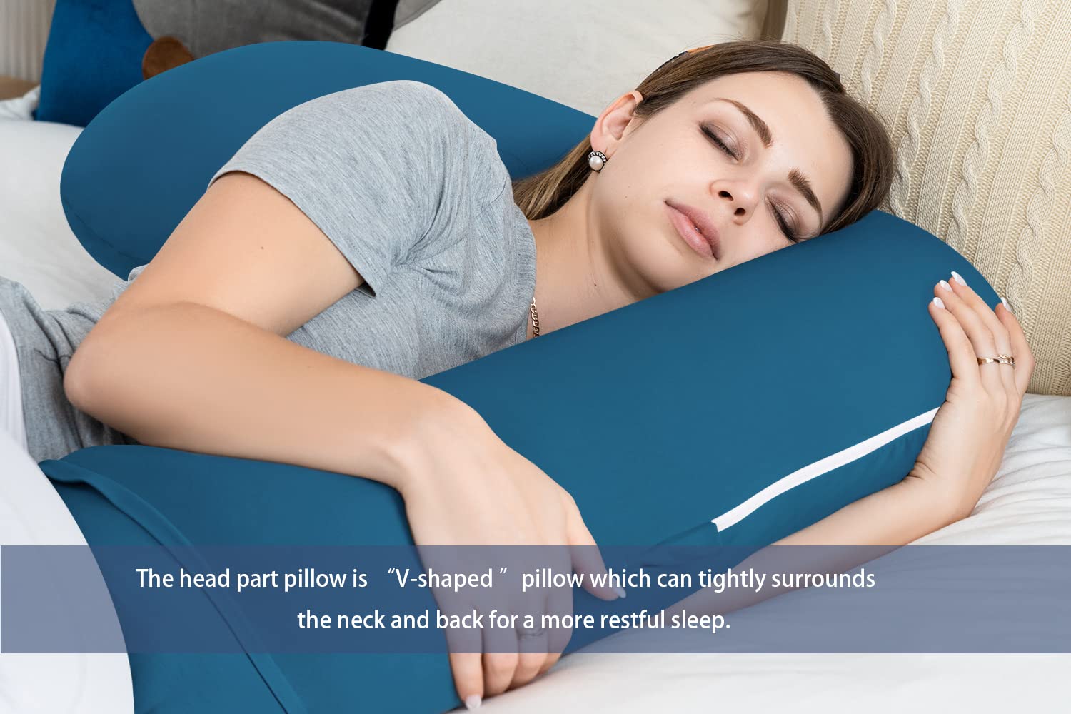 INSEN Pregnancy Pillows, L Shaped Full Body Maternity Pillow with Removable Cover, 57 Inch Pregnancy Pillows for Sleeping, Blue Jersey Cotton