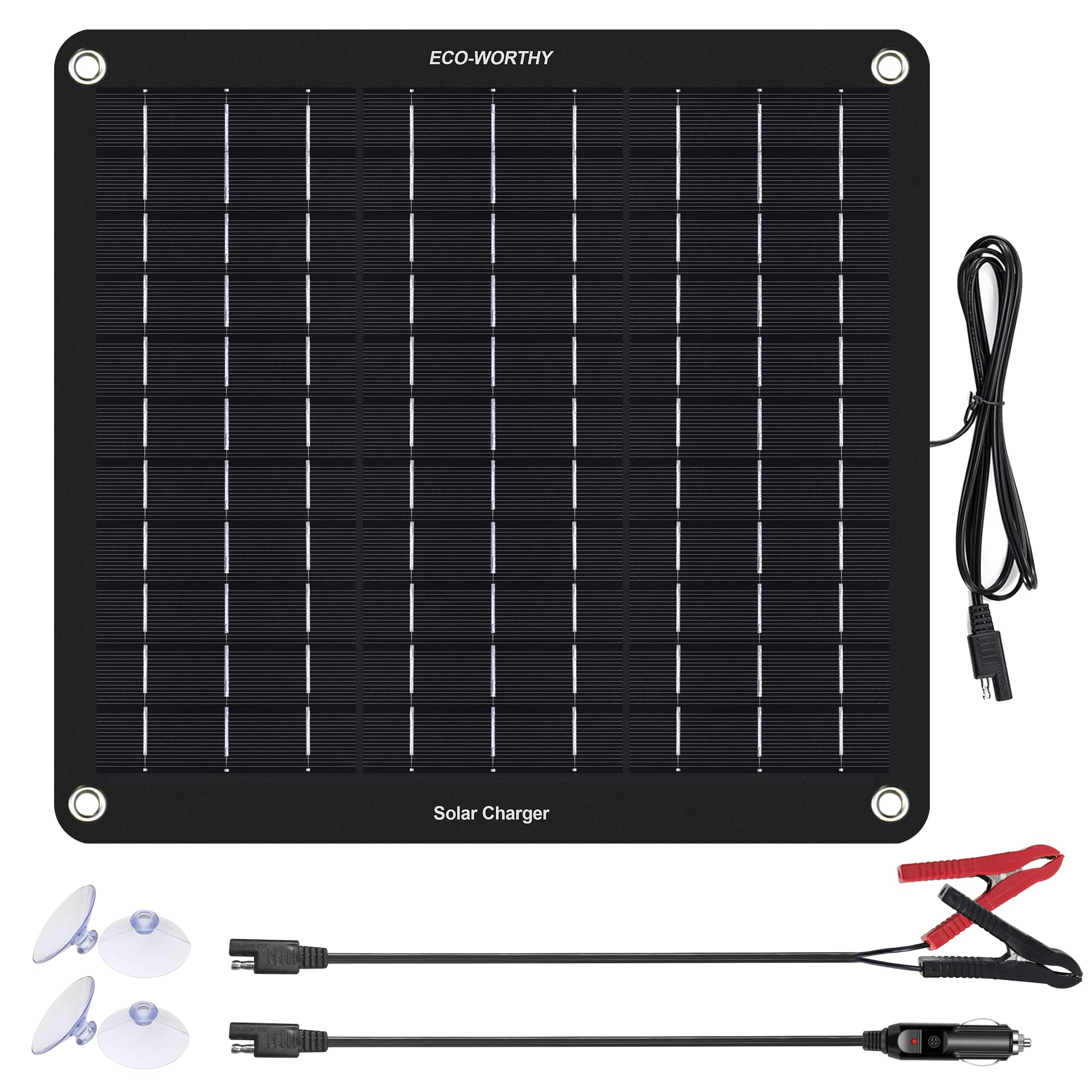 3.5W 12V Solar Panel Car Battery Charger - Portable Waterproof Solar Panel Trickle Charger Maintainer Kit with Cigarette Lighter Plug & Alligator Clip for Car Boat Marine Motorcycles Trailer RV Black