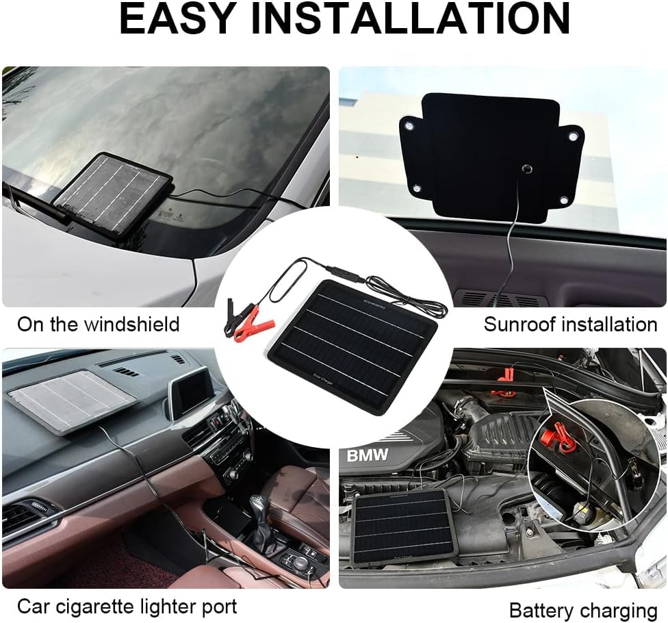 3.5W 12V Solar Panel Car Battery Charger - Portable Waterproof Solar Panel Trickle Charger Maintainer Kit with Cigarette Lighter Plug & Alligator Clip for Car Boat Marine Motorcycles Trailer RV Black