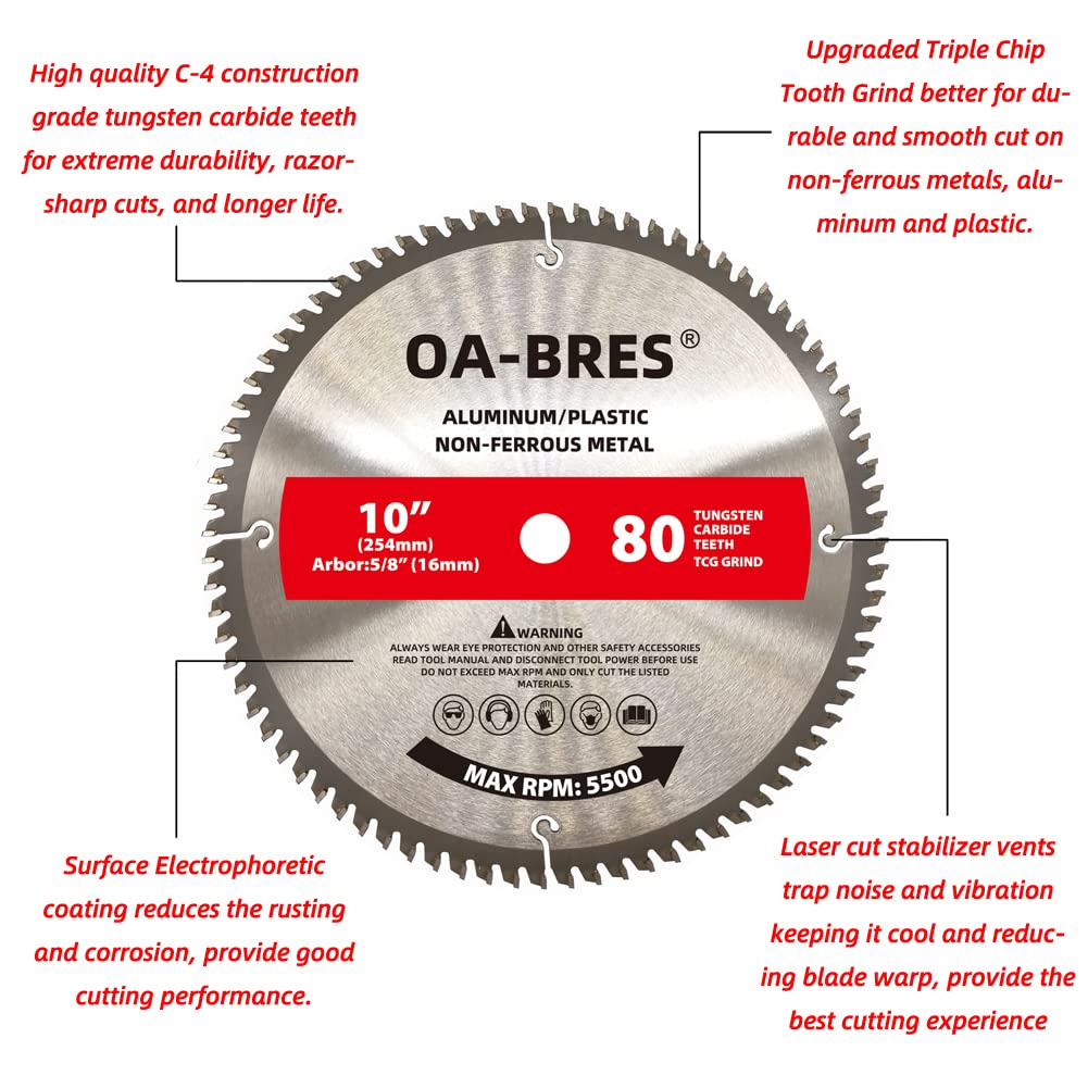 10 Inch 80T Aluminum Non-Ferrous Metal Saw Blade with 5/8-Inch Arbor, Upgrade TCG Grind