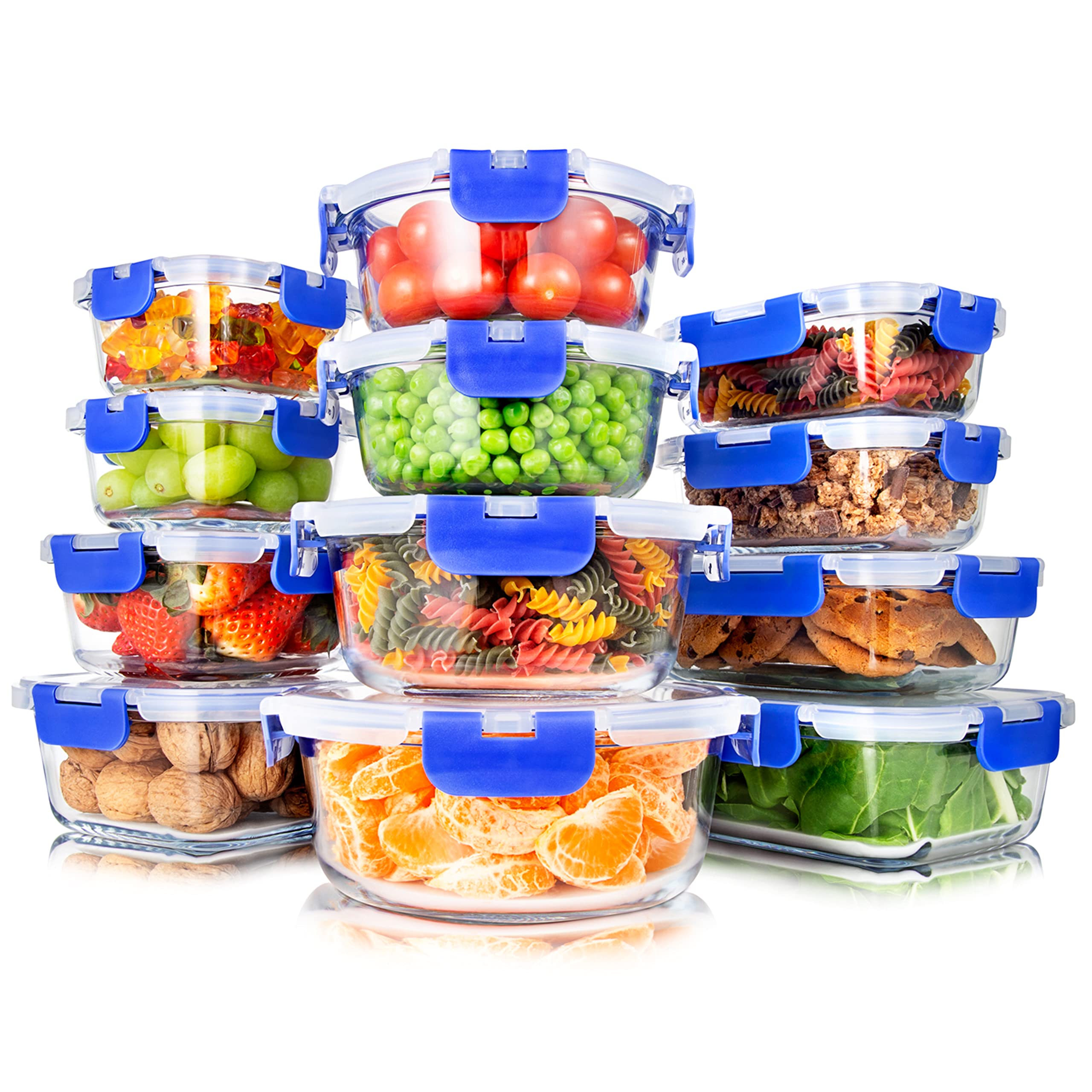 SereneLife 24-Piece Food Storage Containers - Superior Glass Food Storage Set, Stackable Design with Newly Innovated Hinged Locking lids, 11 To 35 Oz. Capacity, Blue - SLGL24BL