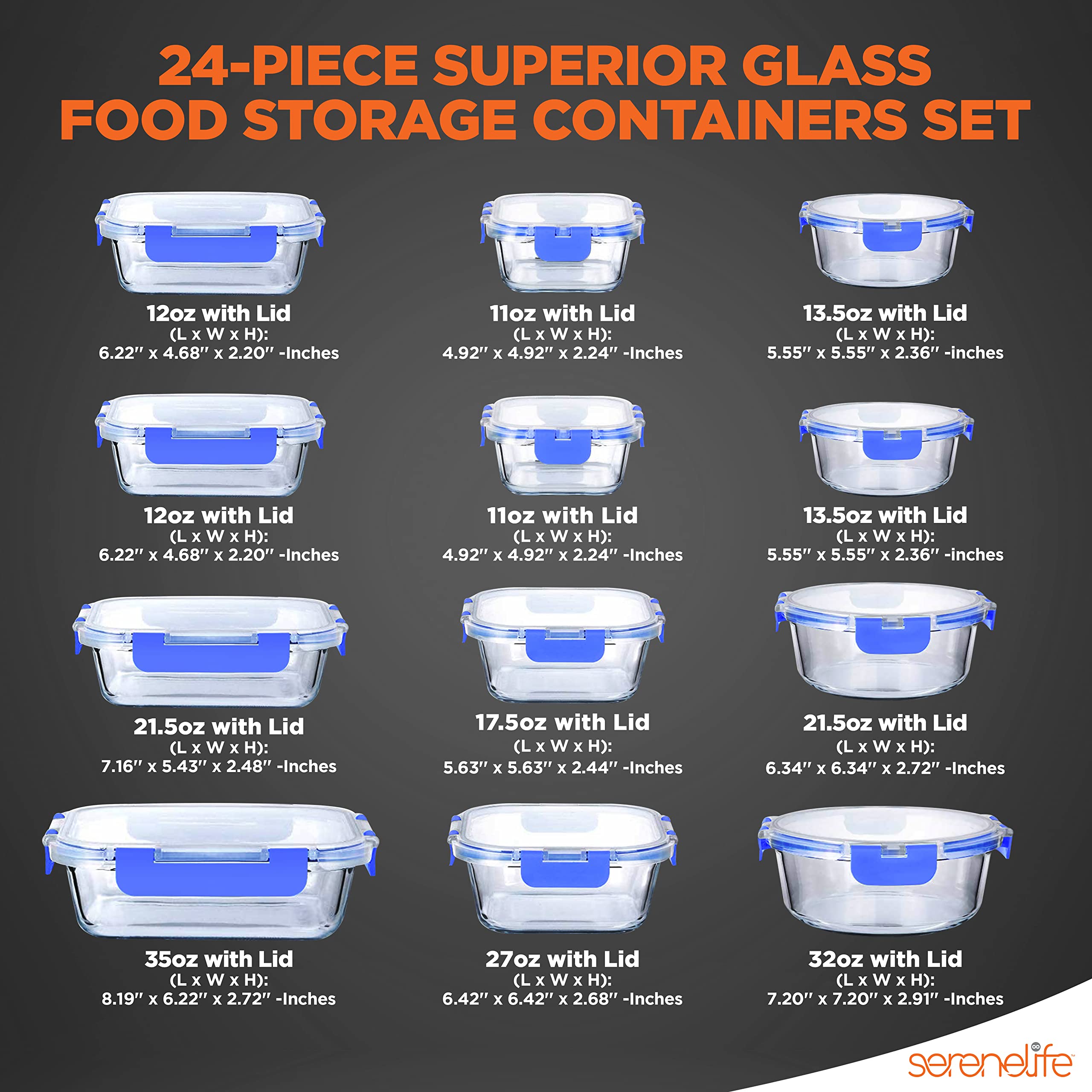 SereneLife 24-Piece Food Storage Containers - Superior Glass Food Storage Set, Stackable Design with Newly Innovated Hinged Locking lids, 11 To 35 Oz. Capacity, Blue - SLGL24BL