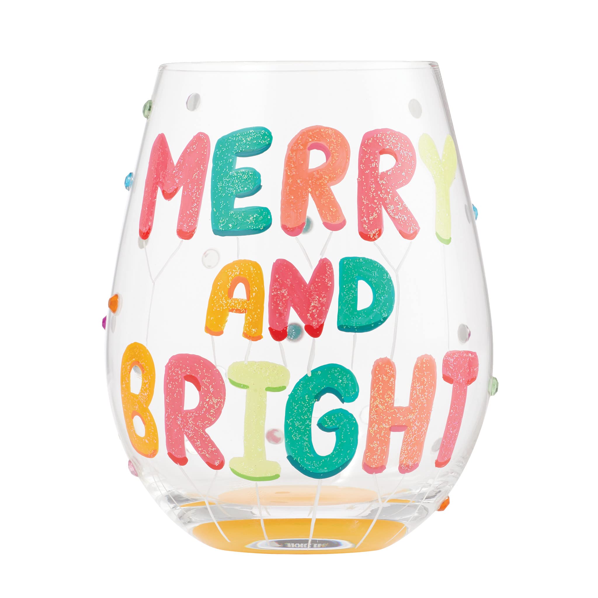 Enesco Designs by Lolita Holiday Merry and Bright Hand-Painted Artisan Stemless Wine Glass, 20 Ounce, Multicolor