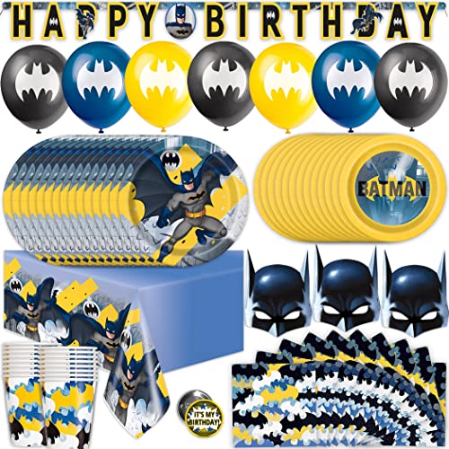 Batman Birthday Party Supplies | Batman Party Supplies | Batman Birthday Decorations | Batman Party Decorations | Balloons, Banner, Table Cover, Masks, Plates, Cake Plates, Napkins, Cups, Button