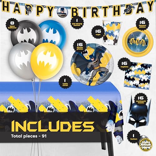 Batman Birthday Party Supplies | Batman Party Supplies | Batman Birthday Decorations | Batman Party Decorations | Balloons, Banner, Table Cover, Masks, Plates, Cake Plates, Napkins, Cups, Button