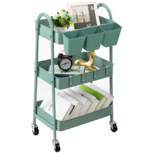 danpinera 3-tier rolling cart, metal rolling storage cart with lockable wheels & hanging cups & hooks, mobile trolley cart for kitchen, bathroom, office, workshop, green