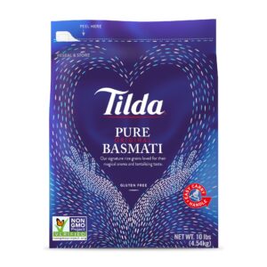 tilda pure basmati rice, premium aromatic and authentic rice, large resealable bag, 10-pound bag,white