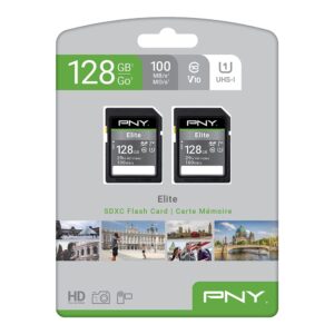 PNY 128GB Elite Class 10 U1 V10 SDXC Flash Memory Card 2-Pack - 100MB/s Read, Class 10, U1, V10, Full HD, UHS-I, Full Size SD