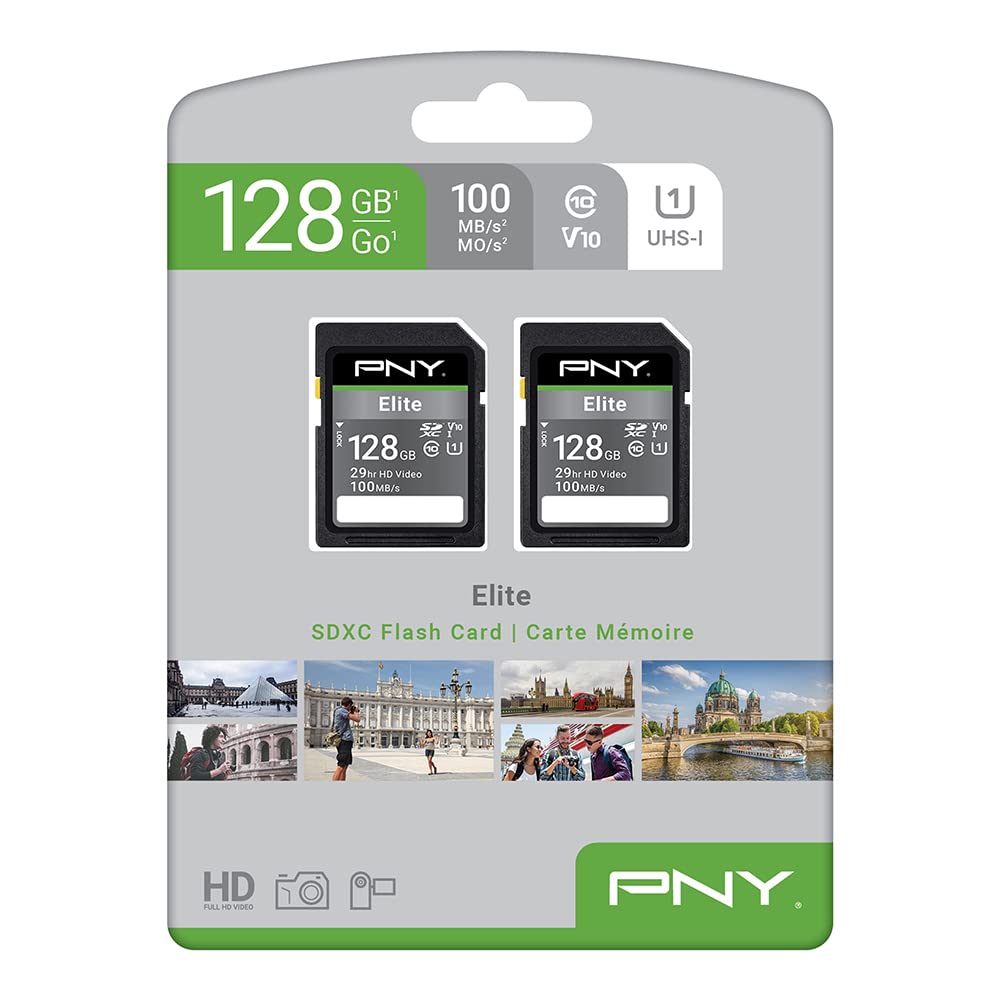 PNY 128GB Elite Class 10 U1 V10 SDXC Flash Memory Card 2-Pack - 100MB/s Read, Class 10, U1, V10, Full HD, UHS-I, Full Size SD