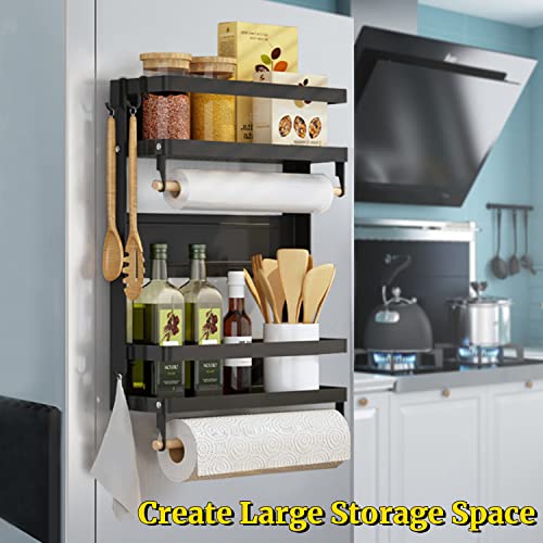 Couah Foldable Refrigerator Organizer Magnetic Fridge Spice Rack Paper Towel Holder Multi-Purpose Kitchen Storage Shelf Rustproof Spice Jars Holder, Black