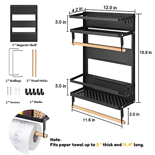 Couah Foldable Refrigerator Organizer Magnetic Fridge Spice Rack Paper Towel Holder Multi-Purpose Kitchen Storage Shelf Rustproof Spice Jars Holder, Black