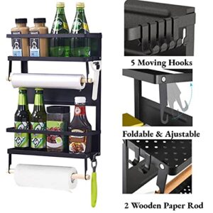 Couah Foldable Refrigerator Organizer Magnetic Fridge Spice Rack Paper Towel Holder Multi-Purpose Kitchen Storage Shelf Rustproof Spice Jars Holder, Black