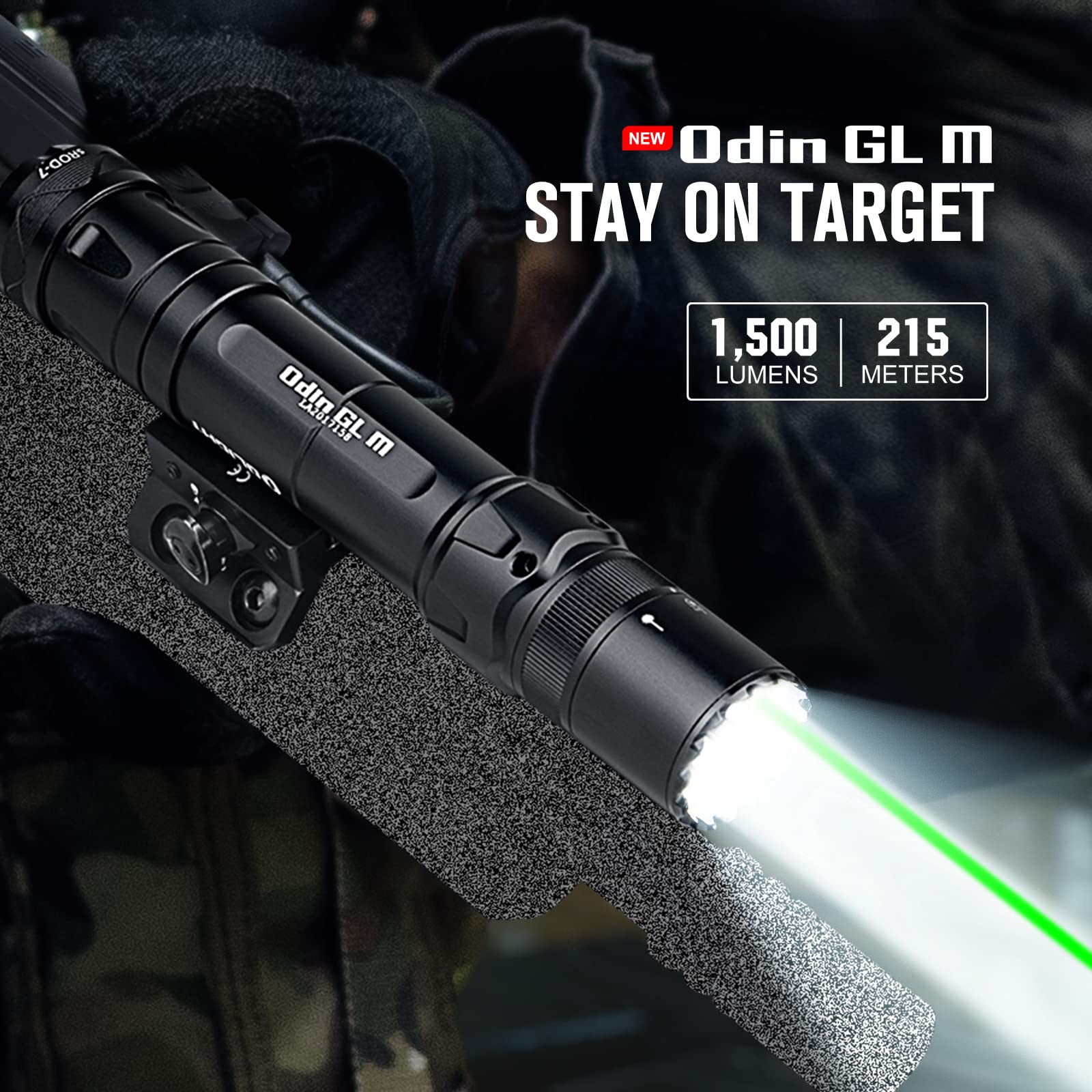 OLIGHT Odin GL M 1500 Lumens MLOK Mount Rechargeable Tactical Flashlight with Green Beam and White LED Combo, Removable Slide Rail Mount and Dual-Button Remote Pressure Switch (Black)