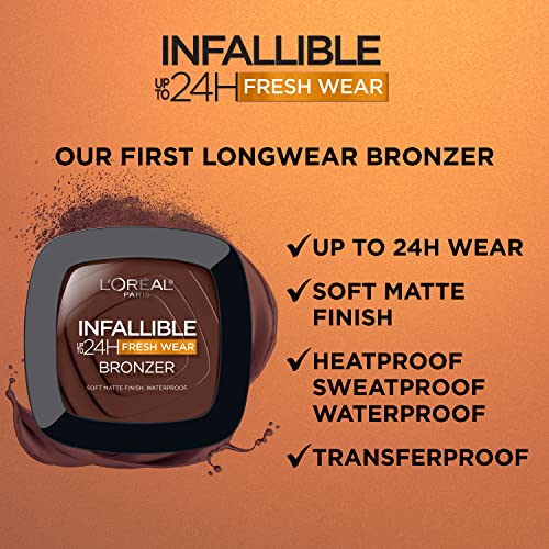 L'Oreal Paris Infallible Up to 24H Fresh Wear Soft Matte Longwear Bronzer. Waterproof, heatproof, Transfer, humidity and sweatproof, Light, 0.31 oz