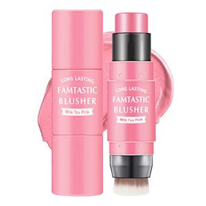 erinde cream blush stick with brush, cream blush for cheeks, lightweight light pink blush stick, waterproof, long-lasting, 3 in 1 cheek blush & lip tint & eyeshadow makeup stick, 01# milk tea pink