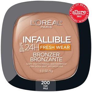 L'Oreal Paris Infallible Up to 24H Fresh Wear Soft Matte Longwear Bronzer. Waterproof, heatproof, transfer, humidity and sweatproof, Fair, 0.31 oz