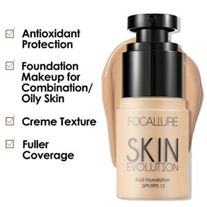 FOCALLURE 2 Pcs Liquid Foundation, Skin Evolution Foundation + Concealer, Full Coverage Foundation Makeup, Durable, Waterproof, Oil-Control, Hides Wrinkles & Lines, Warm Ivory