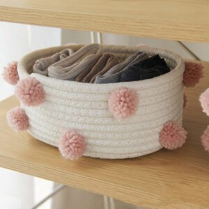 Cotton Rope Basket Storage Bin: Cotton Storage Baskets Woven Blanket Baskets with Pompom Round Storage Organizer for Dirty Clothes Pet Kids Small Items Storage 30X23CM