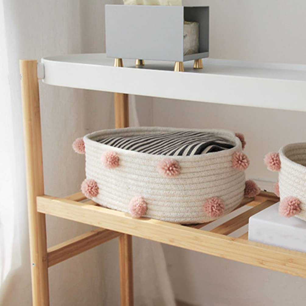 Cotton Rope Basket Storage Bin: Cotton Storage Baskets Woven Blanket Baskets with Pompom Round Storage Organizer for Dirty Clothes Pet Kids Small Items Storage 30X23CM