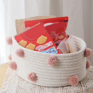 Cotton Rope Basket Storage Bin: Cotton Storage Baskets Woven Blanket Baskets with Pompom Round Storage Organizer for Dirty Clothes Pet Kids Small Items Storage 30X23CM