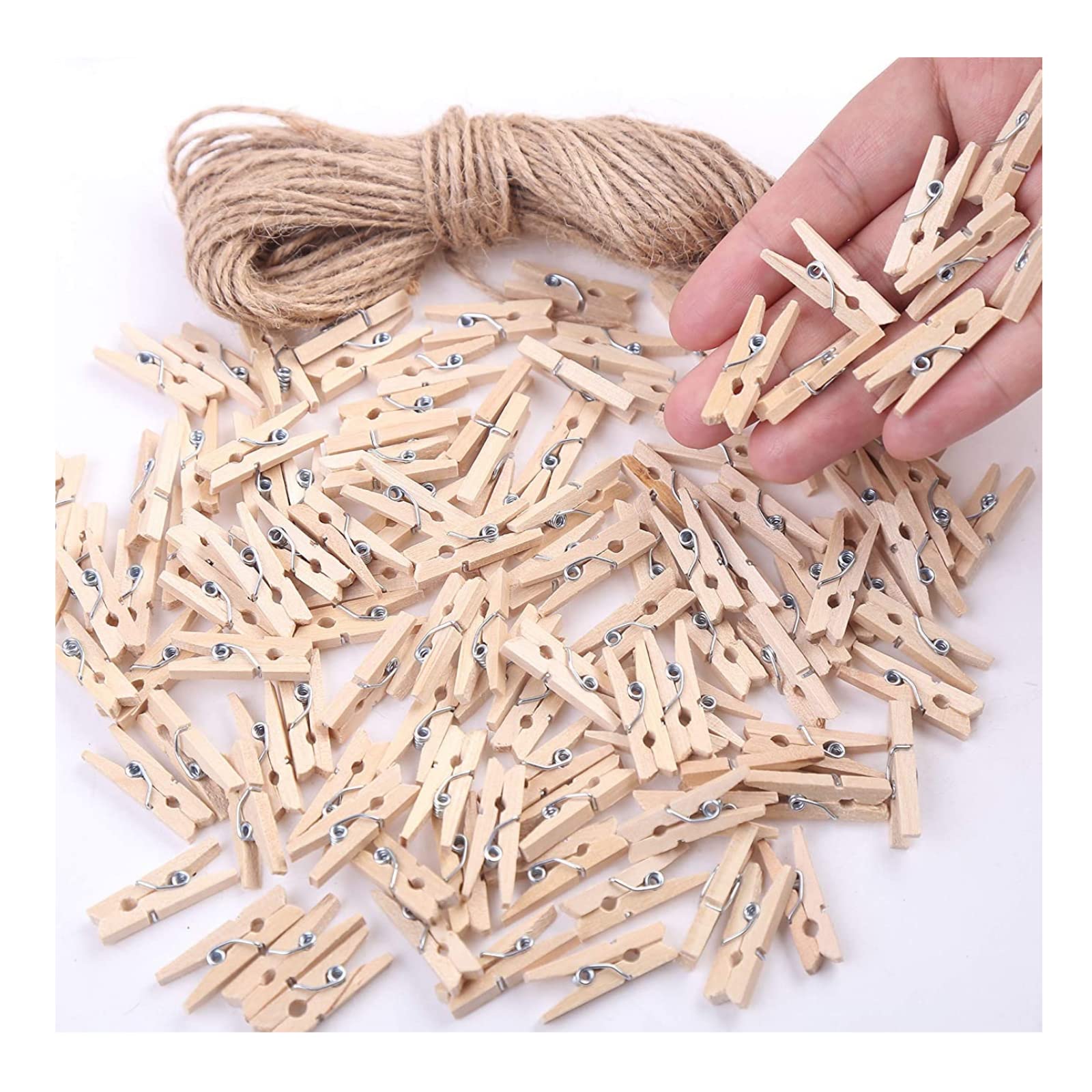 Mini Clothes Pins for Photo, Small Clothespins 200 pcs 1" Natural Wooden Mini Clothes Pins with Jute Twine, Mini Photo Clips Small Clothes Pins for Photos, Crafts, Arts, Cocktails