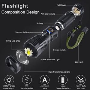 BengMxj Rechargeable LED Flashlights, 990,000 High Lumens Flashlight, XHP70 Tactical Flashlight with Zoomable, 5 Modes, Super Bright Waterproof Flashlights for Emergencies, Camping, Hiking