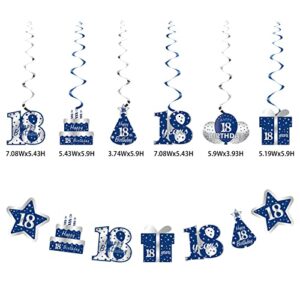 Blue Silver 18th Birthday Banner Decorations Kit for Boys, 26pcs Eighteen Birthday Banner Party Supplies, 18 Years Old Birthday Brackdrop Decor