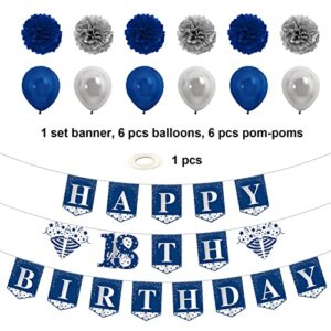 Blue Silver 18th Birthday Banner Decorations Kit for Boys, 26pcs Eighteen Birthday Banner Party Supplies, 18 Years Old Birthday Brackdrop Decor