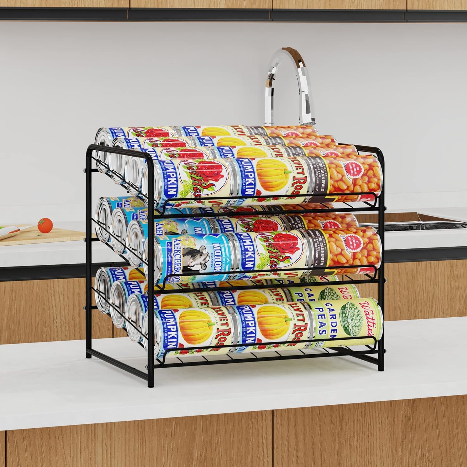 Simple Trending Can Rack Organizer, Stackable Can Storage Dispenser Holds up to 36 Cans for Kitchen Cabinet or Pantry, Black