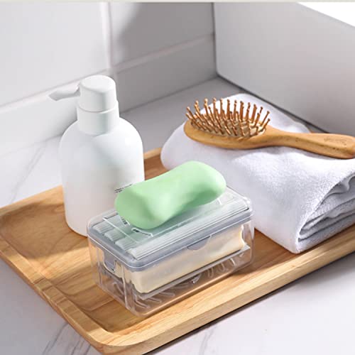 MIWI Soap Box Bubbler with Roller and Drain Holes,2 in 1 Soap Cleaning Storage Foaming Box,Multifunctional Travel Soap Container for Bathroom/ Camping/Gym with Bubble Mesh Bags (Grey), 12.5x7.5x6.5cm