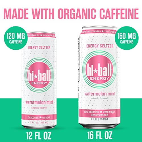 Hiball Energy Seltzer Water, Caffeinated Sparkling Water Made with Vitamin B12 and Vitamin B6, Sugar Free (4 pack of 12 Fl Oz), Watermelon Mint