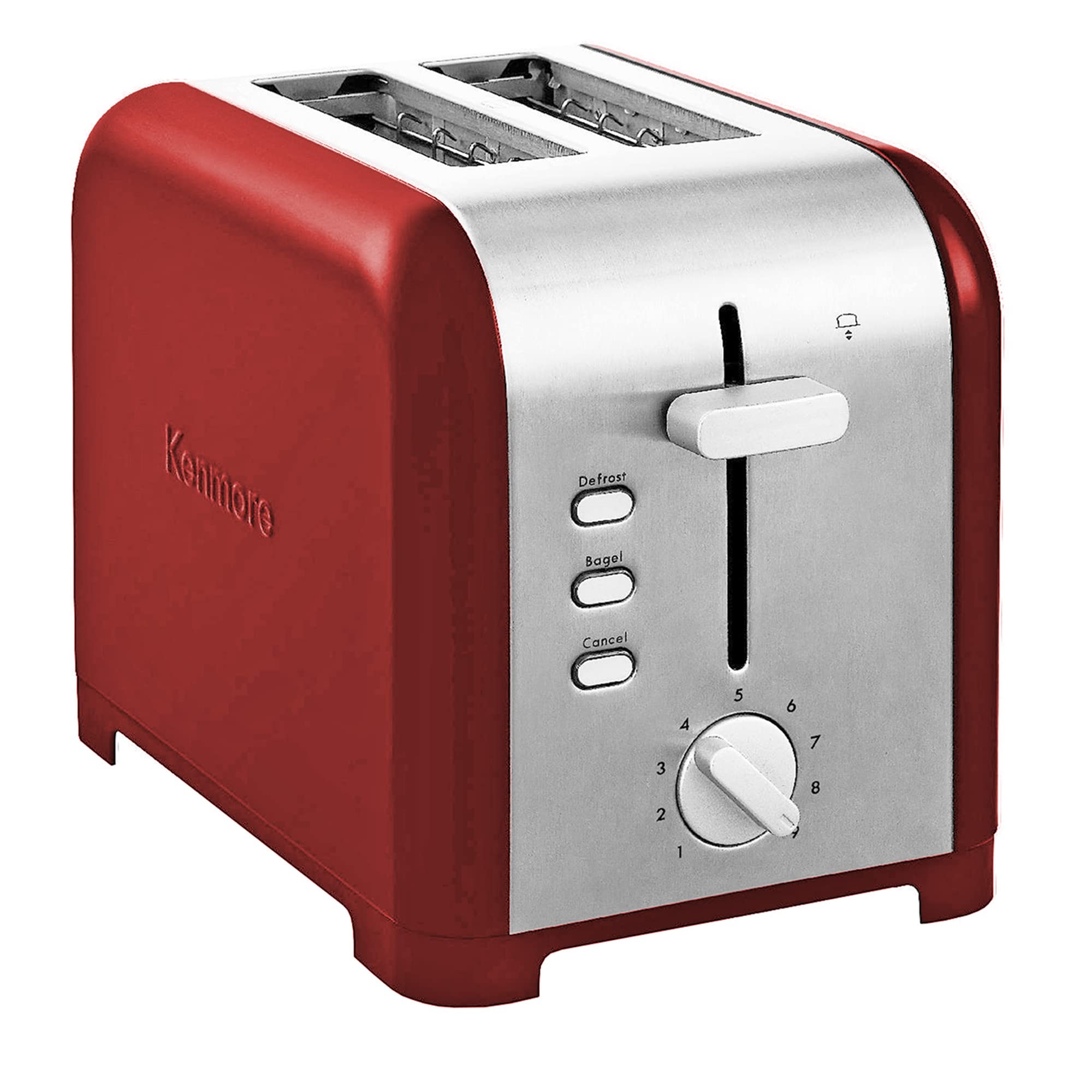 Koolatron Kenmore 2-Slice Toaster, Stainless Steel, Red and Silver, with Extra Wide Slots, Self-Adjusting Bread Guides, Defrost, Bagel and Removable Crumb Tray, Small (KKTS2SR AZ)