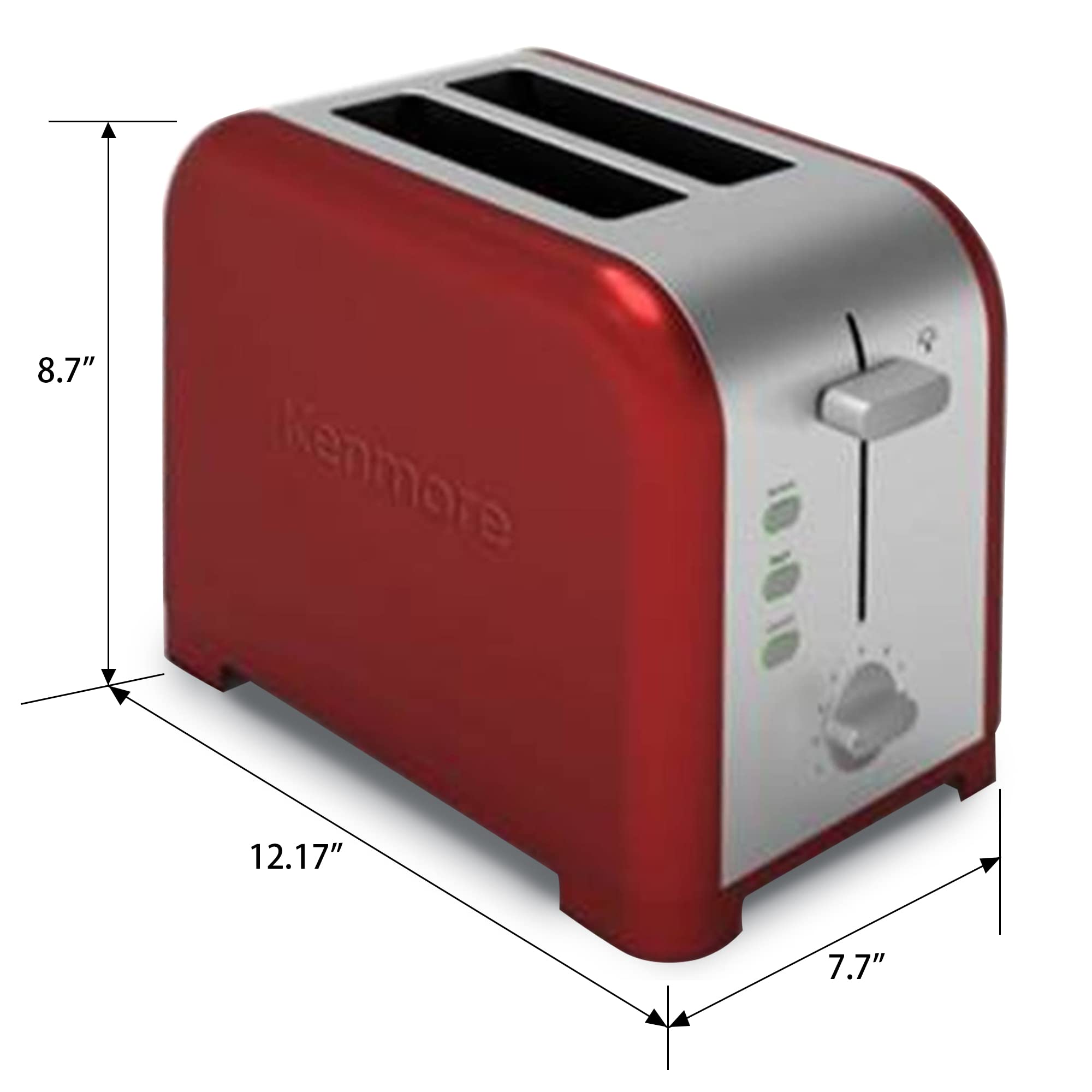 Koolatron Kenmore 2-Slice Toaster, Stainless Steel, Red and Silver, with Extra Wide Slots, Self-Adjusting Bread Guides, Defrost, Bagel and Removable Crumb Tray, Small (KKTS2SR AZ)