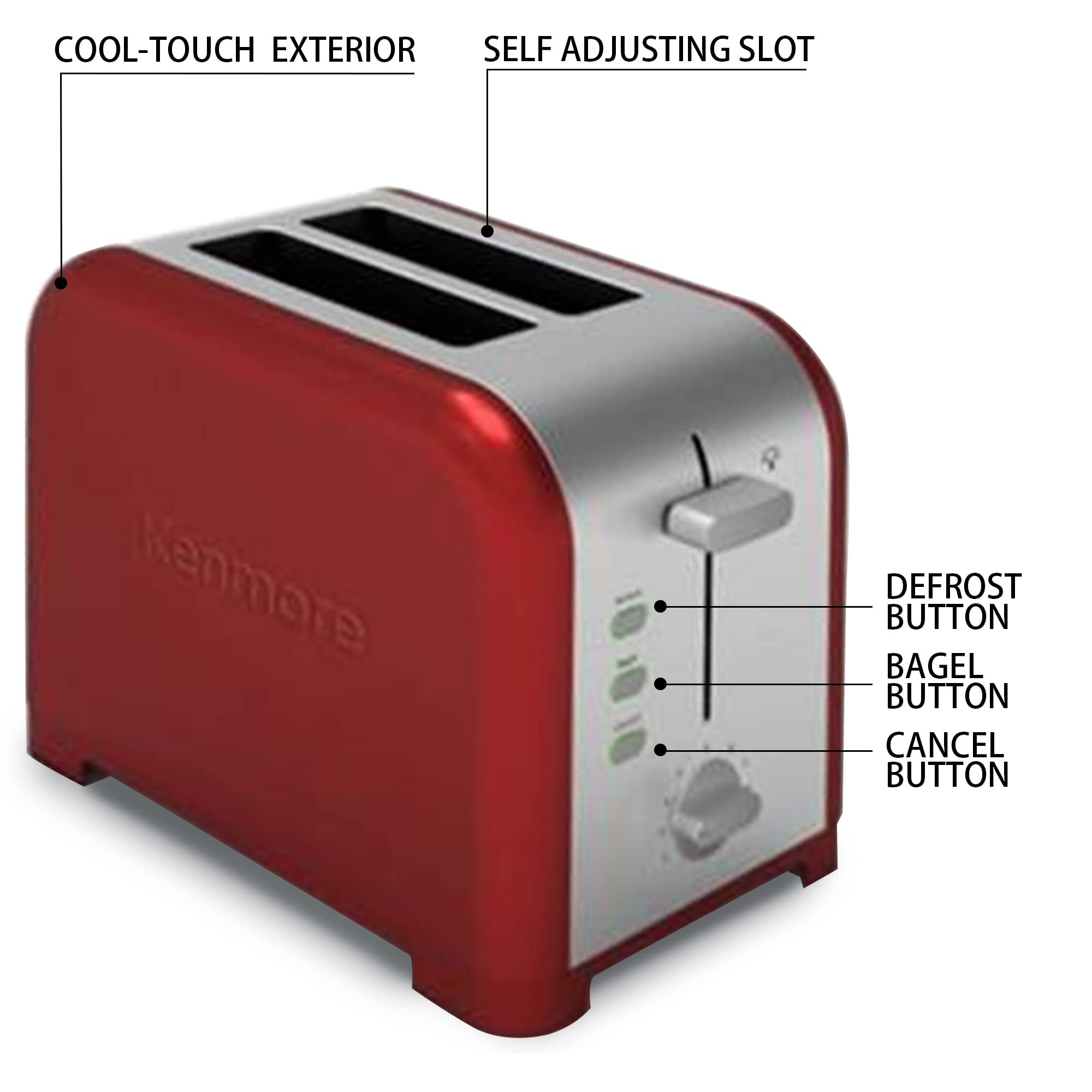 Koolatron Kenmore 2-Slice Toaster, Stainless Steel, Red and Silver, with Extra Wide Slots, Self-Adjusting Bread Guides, Defrost, Bagel and Removable Crumb Tray, Small (KKTS2SR AZ)