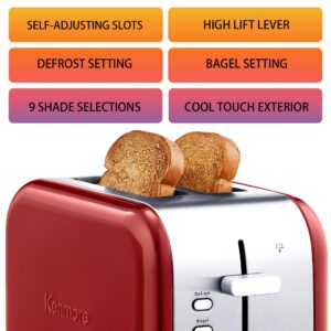 Koolatron Kenmore 2-Slice Toaster, Stainless Steel, Red and Silver, with Extra Wide Slots, Self-Adjusting Bread Guides, Defrost, Bagel and Removable Crumb Tray, Small (KKTS2SR AZ)