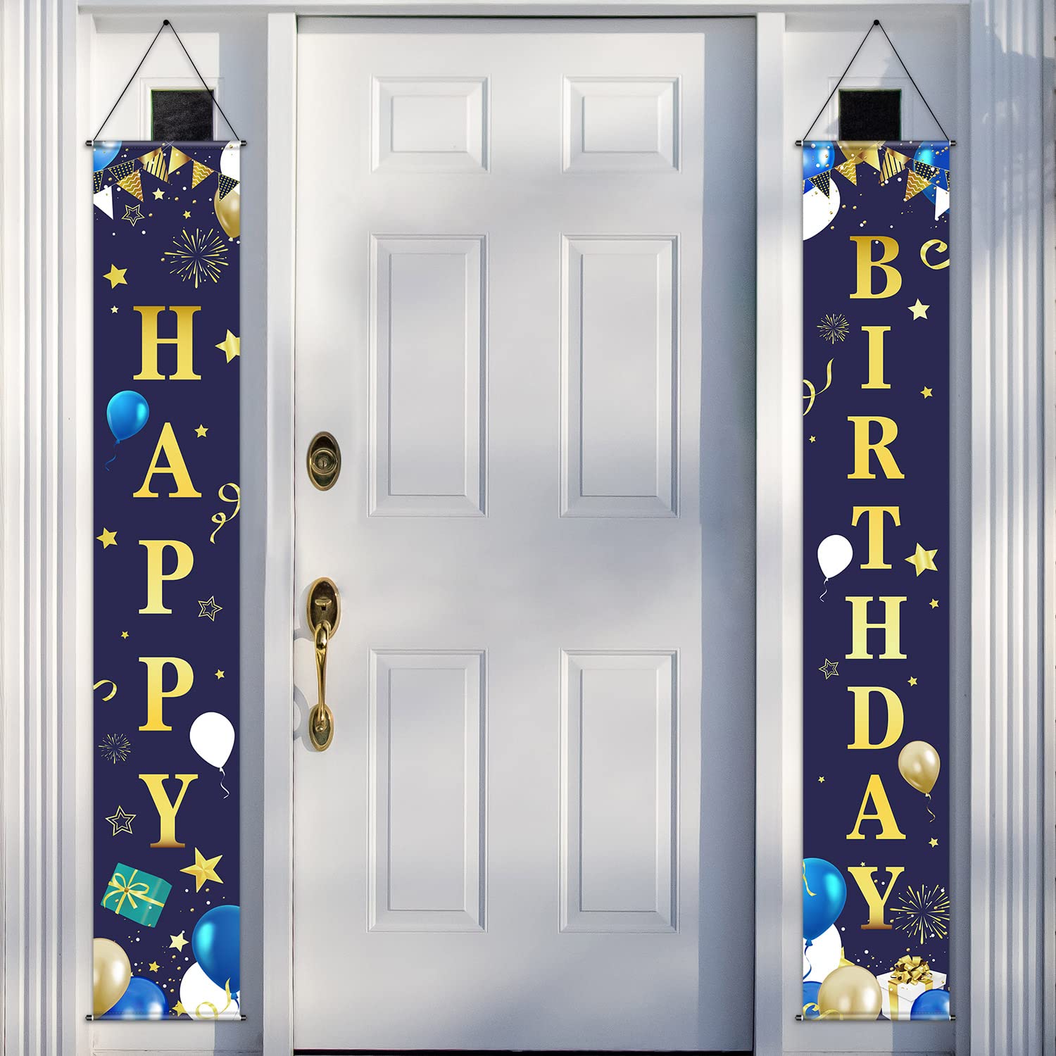 Frienda Happy Birthday Door Banner Navy Blue and Gold Birthday Decorations Birthday Backdrop for Men Boy Happy Birthday Porch Sign Party Supplies for 15th 18th Birthday Decor