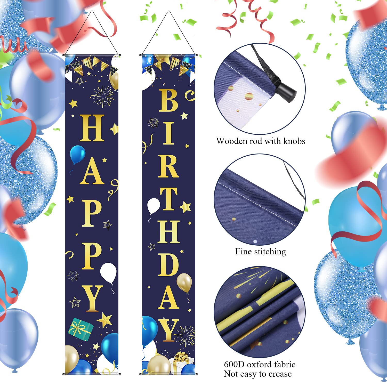 Frienda Happy Birthday Door Banner Navy Blue and Gold Birthday Decorations Birthday Backdrop for Men Boy Happy Birthday Porch Sign Party Supplies for 15th 18th Birthday Decor