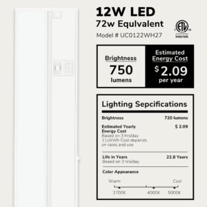 LAGOM 22" Direct Wire Dimmable LED Under Cabinet Lights, Selectable 2700K/4000K/5000K, Selectable Brightness, White Finish, UC0122WH27