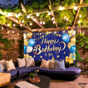 KatchOn, Happy Birthday Banner Blue and Gold - XtraLarge, 72x44 Inch | Happy Birthday Backdrop for Happy Birthday Decorations | Happy Birthday Banner for Boys | Birthday Party Decorations for Men