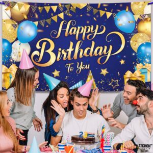 KatchOn, Happy Birthday Banner Blue and Gold - XtraLarge, 72x44 Inch | Happy Birthday Backdrop for Happy Birthday Decorations | Happy Birthday Banner for Boys | Birthday Party Decorations for Men