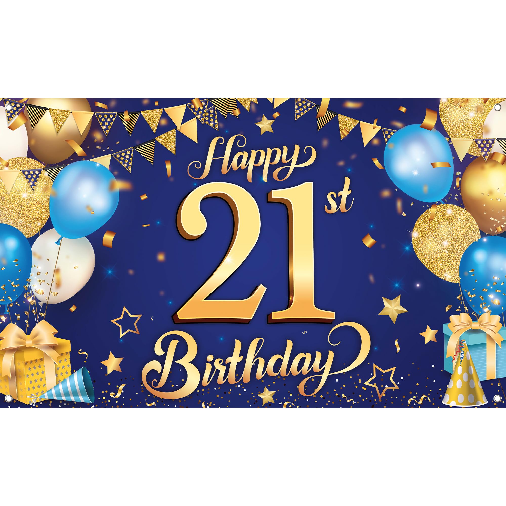 KatchOn, Blue and Gold Happy 21st Birthday Banner - XtraLarge, 72x44 Inch | 21st Birthday Decorations for Him Blue and Gold | Happy 21st Birthday Backdrop, Cheers to 21 Years Old Birthday Decorations