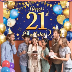 KatchOn, Blue and Gold Happy 21st Birthday Banner - XtraLarge, 72x44 Inch | 21st Birthday Decorations for Him Blue and Gold | Happy 21st Birthday Backdrop, Cheers to 21 Years Old Birthday Decorations