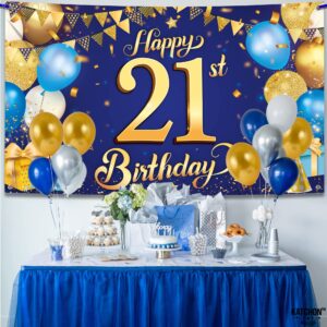 KatchOn, Blue and Gold Happy 21st Birthday Banner - XtraLarge, 72x44 Inch | 21st Birthday Decorations for Him Blue and Gold | Happy 21st Birthday Backdrop, Cheers to 21 Years Old Birthday Decorations