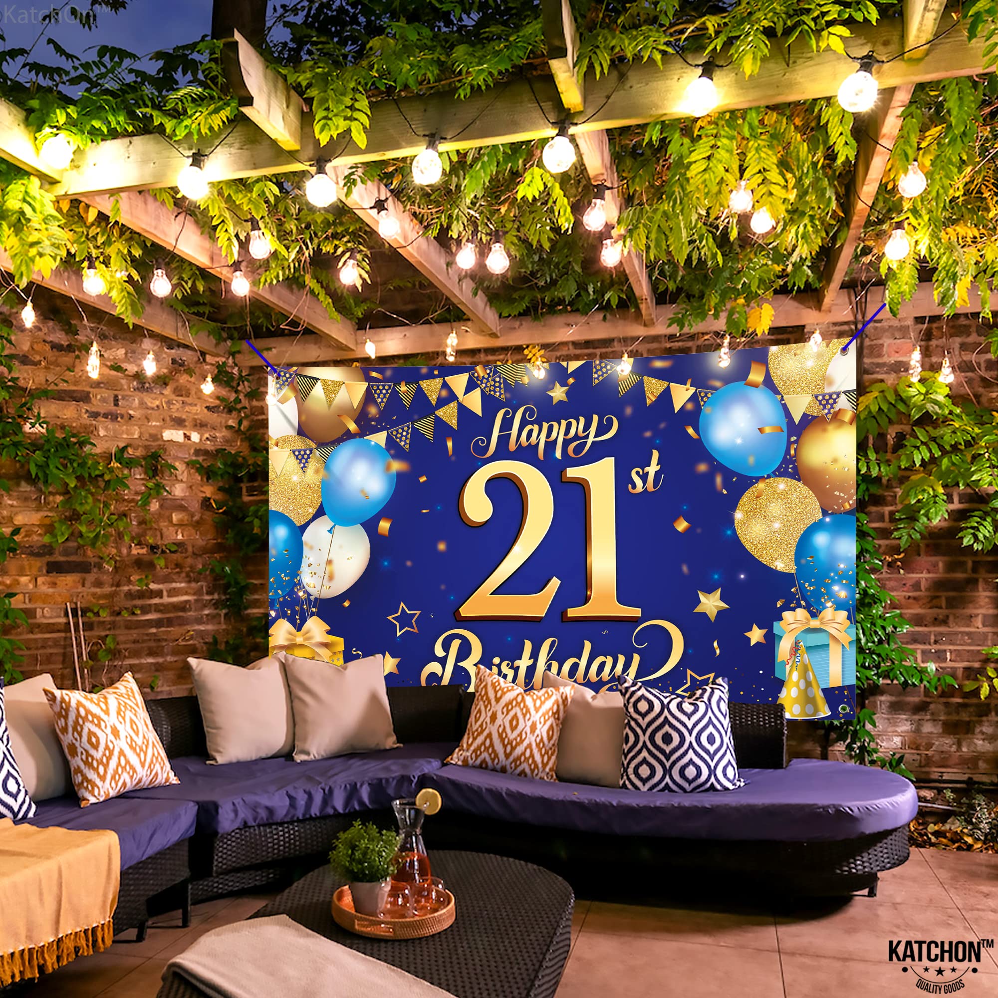 KatchOn, Blue and Gold Happy 21st Birthday Banner - XtraLarge, 72x44 Inch | 21st Birthday Decorations for Him Blue and Gold | Happy 21st Birthday Backdrop, Cheers to 21 Years Old Birthday Decorations