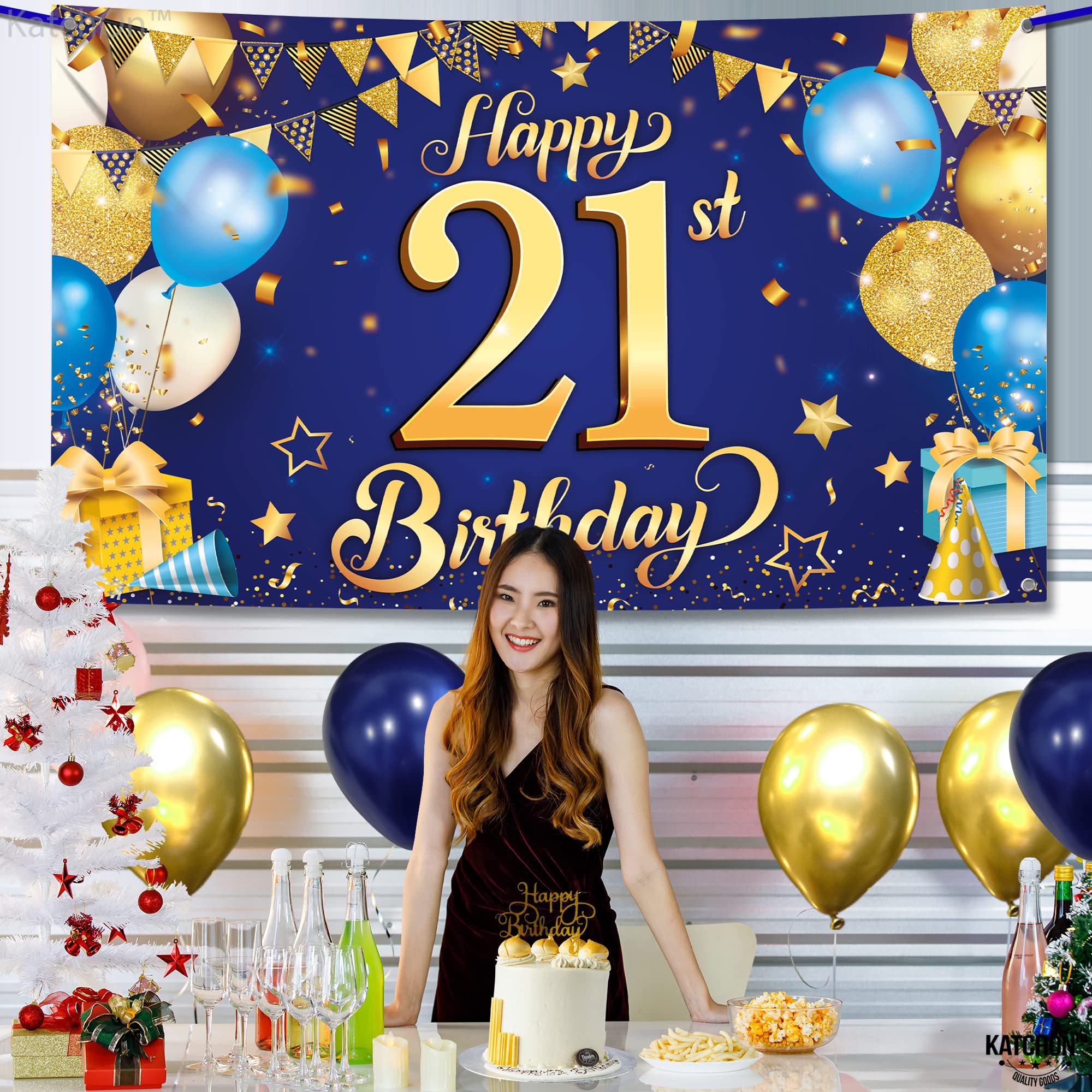 KatchOn, Blue and Gold Happy 21st Birthday Banner - XtraLarge, 72x44 Inch | 21st Birthday Decorations for Him Blue and Gold | Happy 21st Birthday Backdrop, Cheers to 21 Years Old Birthday Decorations