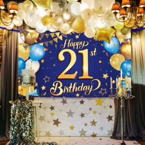 KatchOn, Blue and Gold Happy 21st Birthday Banner - XtraLarge, 72x44 Inch | 21st Birthday Decorations for Him Blue and Gold | Happy 21st Birthday Backdrop, Cheers to 21 Years Old Birthday Decorations