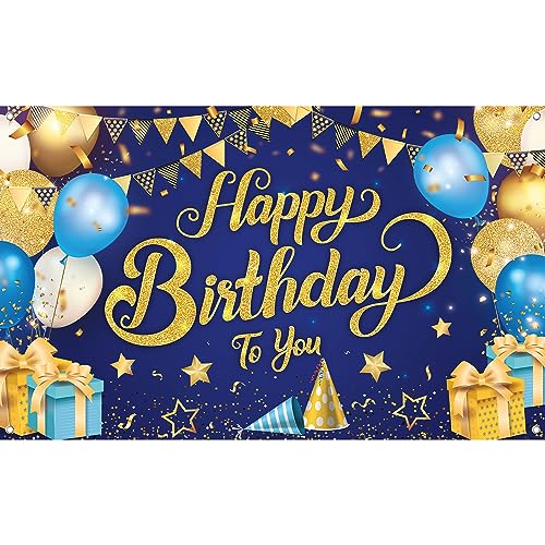 KatchOn, Happy Birthday Banner Blue and Gold - XtraLarge, 72x44 Inch | Happy Birthday Backdrop for Boys | Birthday Decorations for Women | Happy Birthday Men Decorations | Birthday Banners for Men