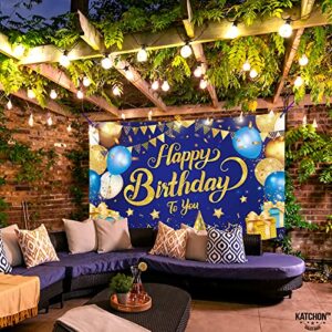 KatchOn, Happy Birthday Banner Blue and Gold - XtraLarge, 72x44 Inch | Happy Birthday Backdrop for Boys | Birthday Decorations for Women | Happy Birthday Men Decorations | Birthday Banners for Men