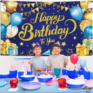 KatchOn, Happy Birthday Banner Blue and Gold - XtraLarge, 72x44 Inch | Happy Birthday Backdrop for Boys | Birthday Decorations for Women | Happy Birthday Men Decorations | Birthday Banners for Men