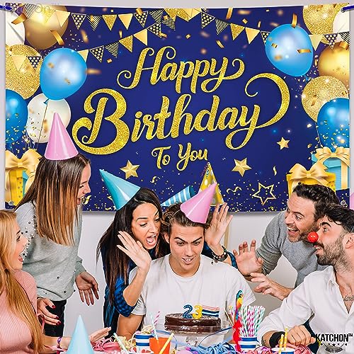 KatchOn, Happy Birthday Banner Blue and Gold - XtraLarge, 72x44 Inch | Happy Birthday Backdrop for Boys | Birthday Decorations for Women | Happy Birthday Men Decorations | Birthday Banners for Men